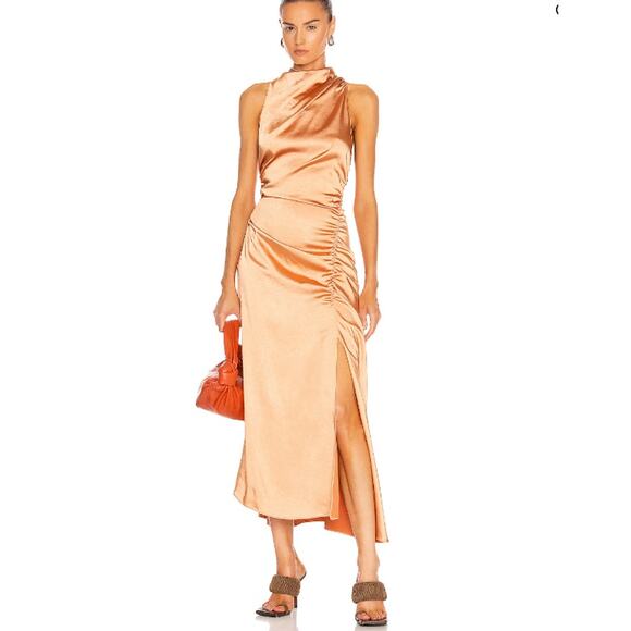 A.L.C. | Dresses | Alc Dress Women 6 Inez Ruched Satin Midi Slit Peach ...
